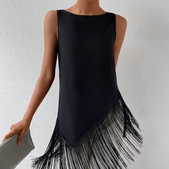 Tops | Black Casual Womens Fringe Asymmetrical Hem Tank | Poshmark